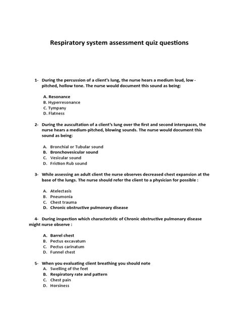 Respiratory System Assessment Quiz Questions Pdf
