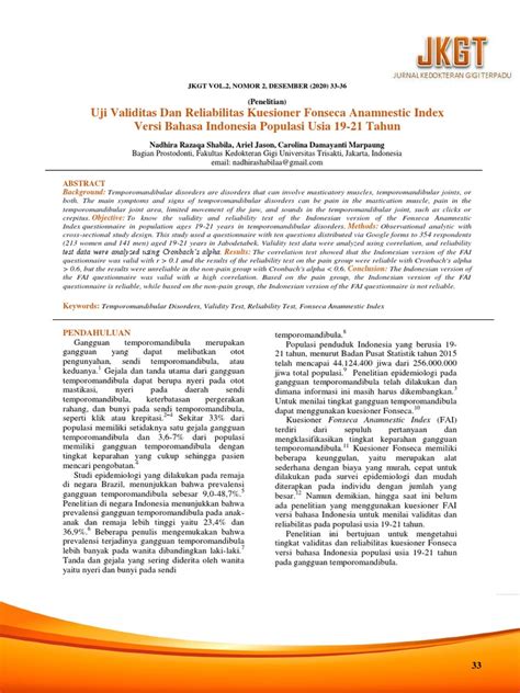 Uji Validitas Dan Reliabilitas Kuesioner Fonseca Anamnestic Index Versi