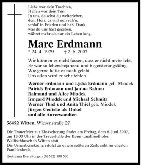 Traueranzeigen Von Marc Erdmann Trauer In Nrwde