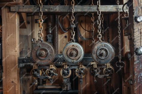 Premium Photo Multiple Gears Are Suspended From Chains In A Room Showcasing An Intricate