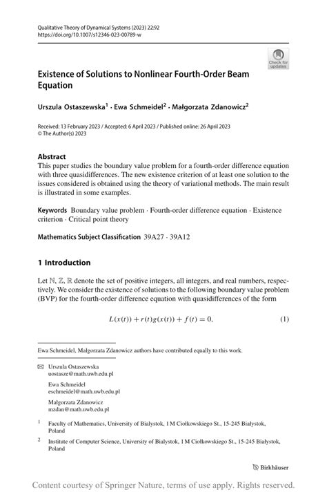 Pdf Existence Of Solutions To Nonlinear Fourth Order Beam Equation