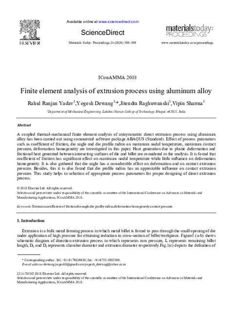 Pdf Finite Element Analysis Of Extrusion Process Using Aluminum Alloy