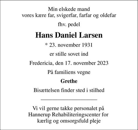 Hans Daniel Larsen Dødsannoncer I Danmark