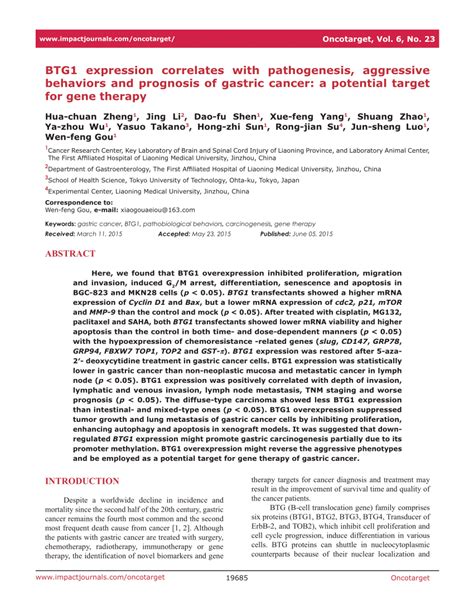 Pdf Btg1 Expression Correlates With Pathogenesis Aggressive