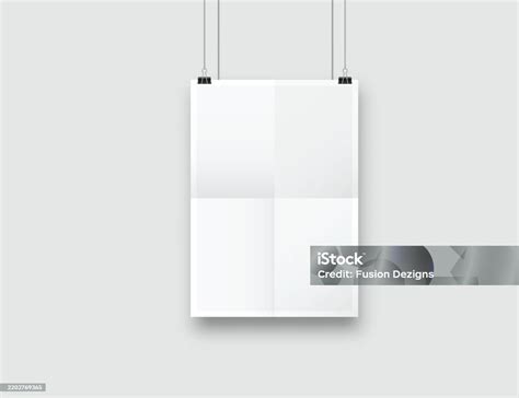 사실적인 빈 매달려 접힌 종이 포스터 모형 그림자와 검은 종이 클립이 배경에 고립되어 있습니다 프리젠 테이션 삽화 그림 광고