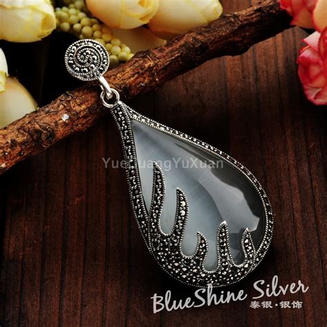 925纯银饰品 女士泰银吊坠 复古做旧仿古 马克赛白色猫眼石 柔情 月光语轩