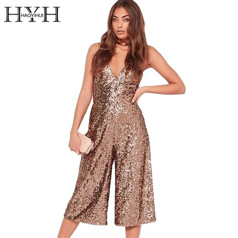 Hyh Haoyihui V Neck Brown Sequin Strap Jumpsuits Sexy Sleeveless High