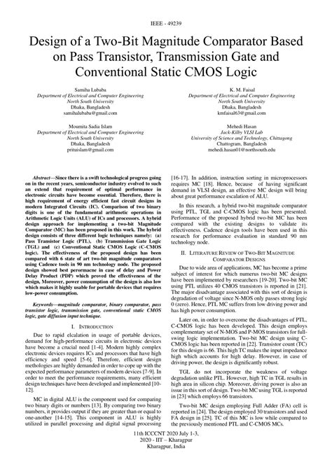 Pdf Design Of A Two Bit Magnitude Comparator Based On Pass Transistor Transmission Gate And