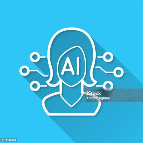 여성의 얼굴을 가진 인공 지능 Ai 파란색 배경에 아이콘 긴 그림자가 있는 평면 디자인 3차원 형태에 대한 스톡 벡터 아트 및
