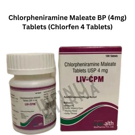Cyproheptadine Chlorpheniramine Maleate Bp 4mg Tablets Chlorfen 4