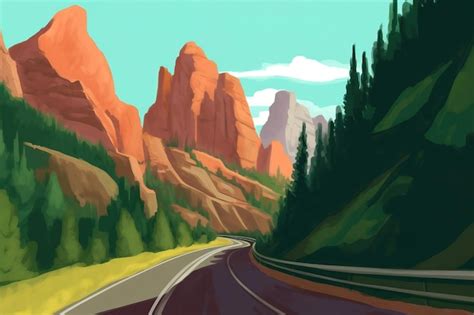 Una pintura de un camino en las montañas Foto Premium