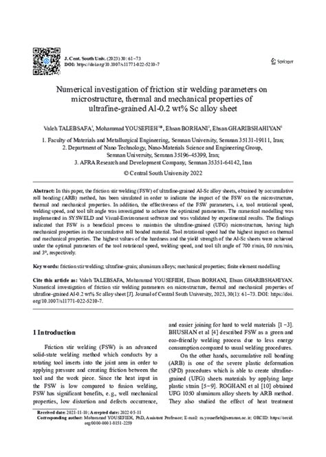 Pdf Numerical Investigation Of Friction Stir Welding Parameters On Microstructure Thermal And