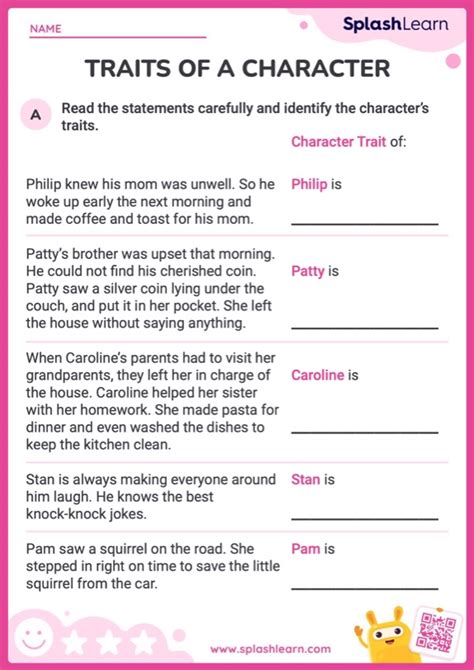 Identifying Traits Of A Character Ela Worksheets Splashlearn