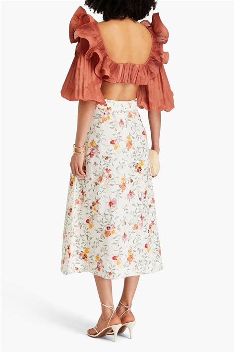 ZIMMERMANN Belted Floral Print Linen Midi Skirt THE OUTNET