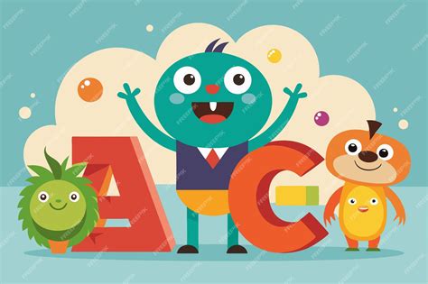 A Cheerful Cartoon Scene Displays Vibrant Characters Alongside Large Colorful Vowels Creating An