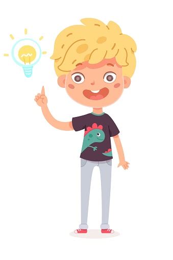 소년은 생각 브레인 스토밍 머리 위에 전구 기호를 가지고있다 흰색 배경에 격리 된 아이 어린이 제스처 감정 기분의 유형의 벡터 문자 그림 개념에 대한 스톡 벡터 아트 및