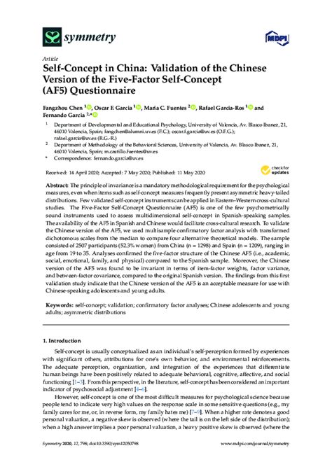 Pdf Self Concept In China Validation Of The Chinese Version Of The