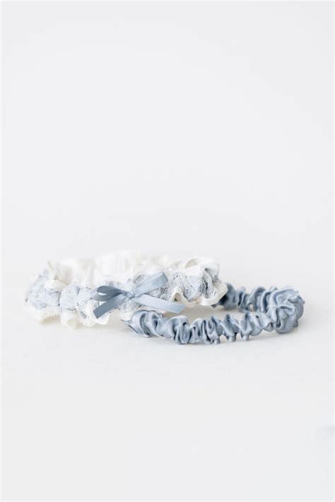 Dusty Blue Bridal Garter With Lace And Personalized Embroidery