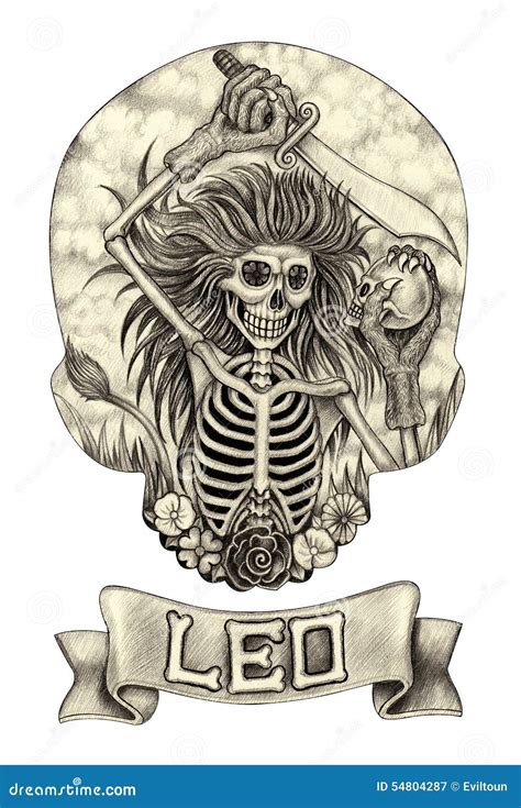 Zodiac Skull Leohand Drawing On Paper Stock Illustration