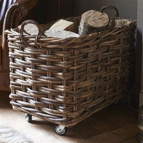 Rectangular Log Basket With Wheels And Handles By Brush64
