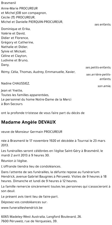 Avis De Décès De Angèle Devaux Décédé Le 23 03 2013 à Tournai Annonce Condoléances Fleurs