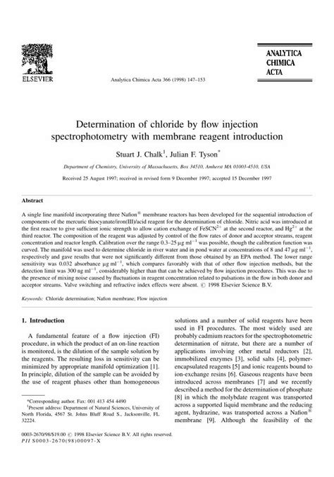 Pdf Determination Of Chloride By Flow Injection Spectrophotometry With Membrane Reagent