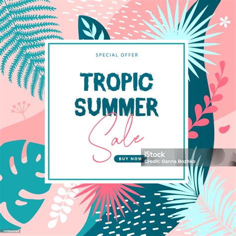 열대 잎이 있는 여름 큰 판매 열대 포스터 여름 배경입니다 벡터 그림 개념에 대한 스톡 벡터 아트 및 기타 이미지 개념 계절 구매 Istock