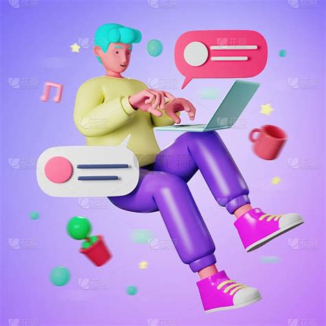 3d插图卡通青年休闲男子漂浮和使用电脑笔记本电脑在家工作或在线教育学习，同时隔离疫情新冠肺炎。素材 花瓣网