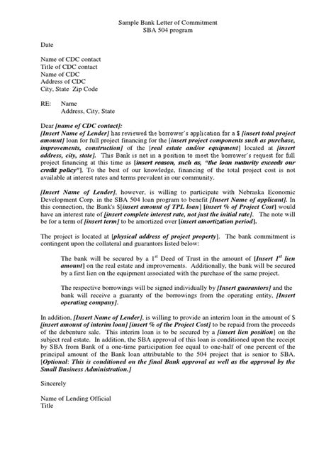 Sample Bank Letter Of Commitment Small Business Administration Loans