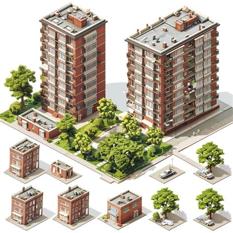 3d 32bit Isometric Apartment Building Set Isolated Premium Ai