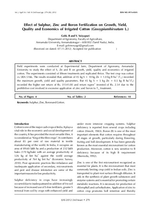 Pdf Effect Of Sulphur Zinc And Boron Fertilization On Growth Yield