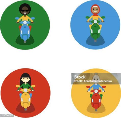 중국어 아랍어 검은 피부와 전기 모터 스쿠터를 타고 흰색 피부 소녀와 고립 된 둥근 아이콘 플랫 디자인 일러스트레이션 모터 스쿠터에 대한 스톡 벡터 아트 및 기타 이미지