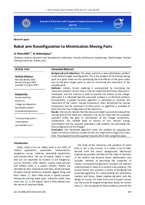 Pdf Robot Arm Reconfiguration To Minimization Moving Parts