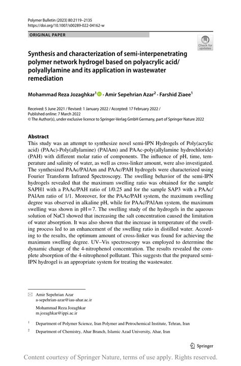 Synthesis And Characterization Of Semi Interpenetrating Polymer Network Hydrogel Based On