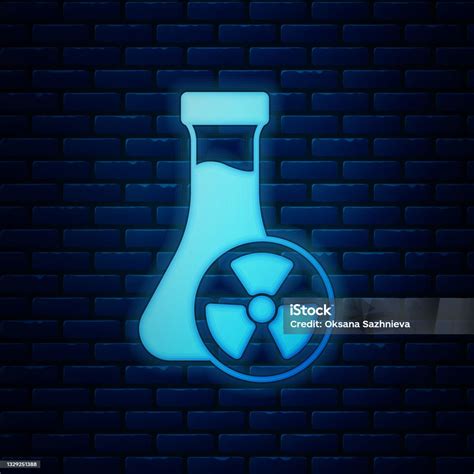 벽돌 벽 배경에 고립 된 독성 액체 아이콘빛나는 네온 실험실 화학 비커 생물학적 위험 기호 방사선 아이콘이 있는 위험한 기호입니다 벡터 건강 검진에 대한 스톡 벡터 아트 및