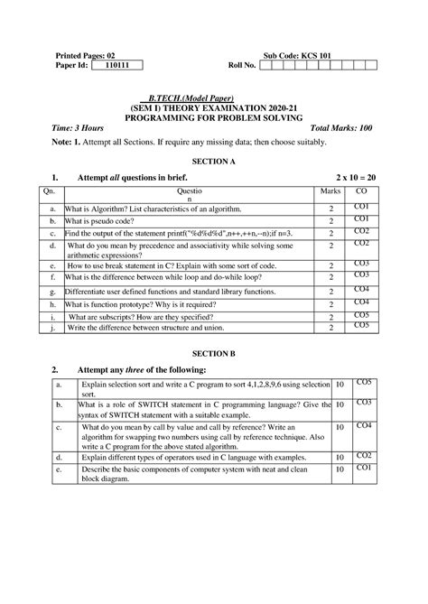 Kcs101t Pps Model Qp 2020 21 110111 Printed Pages 02 Sub Code Kcs