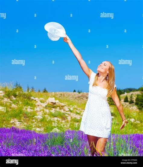 Cute Girl Dancing On Lavender Field Beautiful Happy Woman Enjoying
