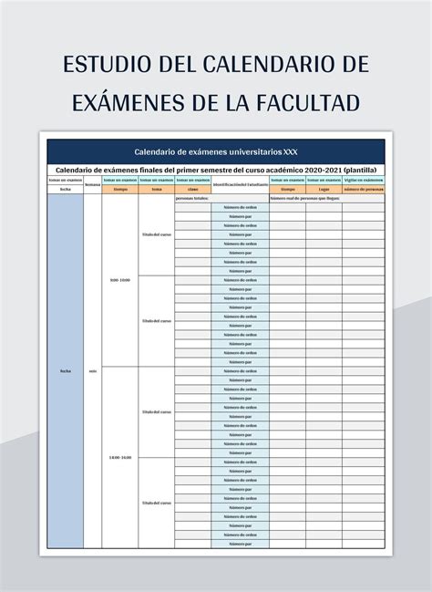 Plantilla De Excel Estudio Del Calendario De Exámenes De La Facultad Y