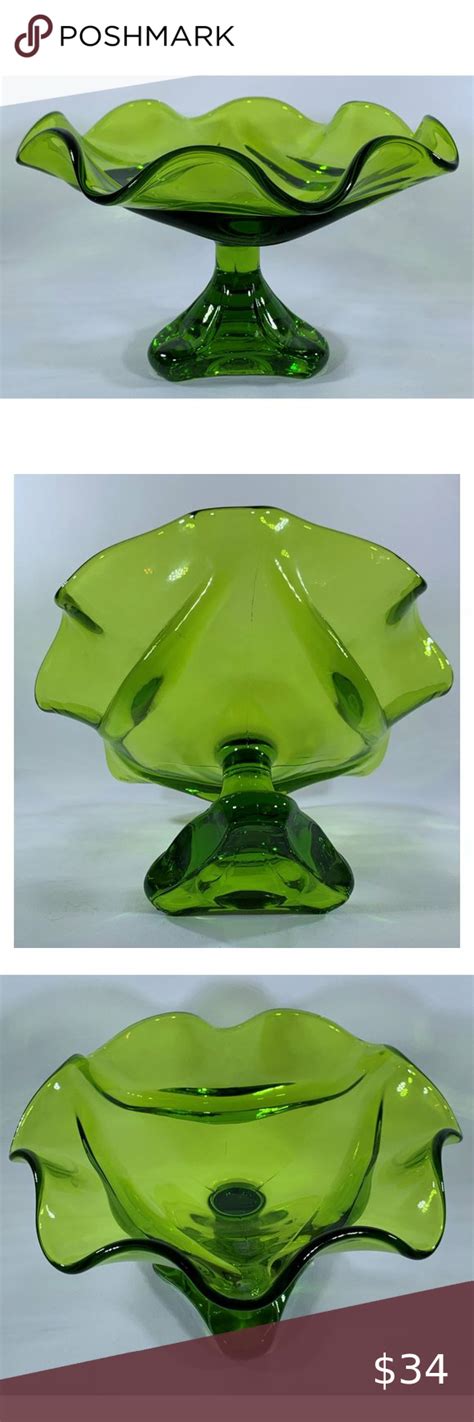 Vintage Viking Green Glass Bowl Ruffle Edge 8 Pedal Tri Footed Mcm