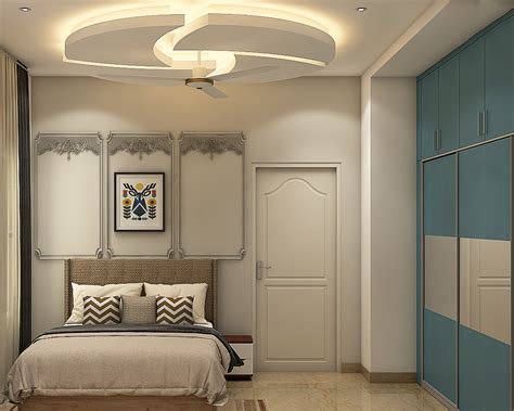 Classic Master Bedroom With Circular False Ceiling And Rich Beige Tones