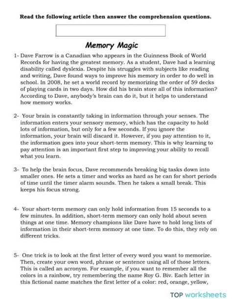 Reading Memory Magic Interactive Worksheet Topworksheets