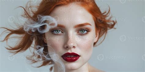 Redhead Model With Freckles Posing In Studio With Smoke Around Her Face 56396688 Stock Photo At