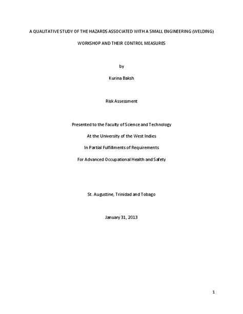 Pdf Risk Assessment For A Small Engineering Welding Workshop