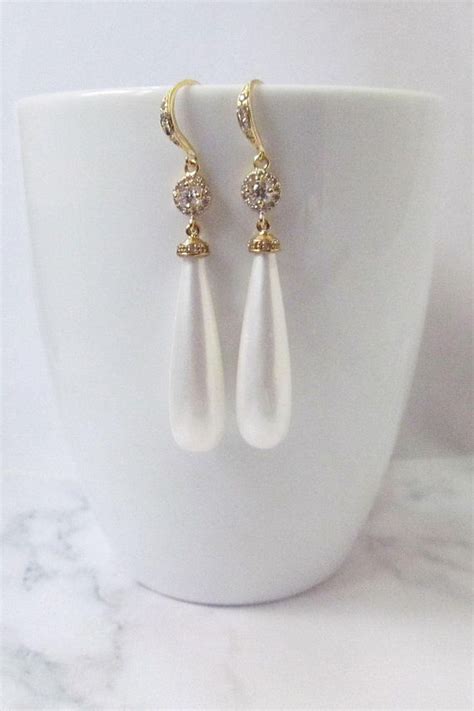 Long Pearl Drop Earrings Gold Silver Rose Gold Teardrop Bridal