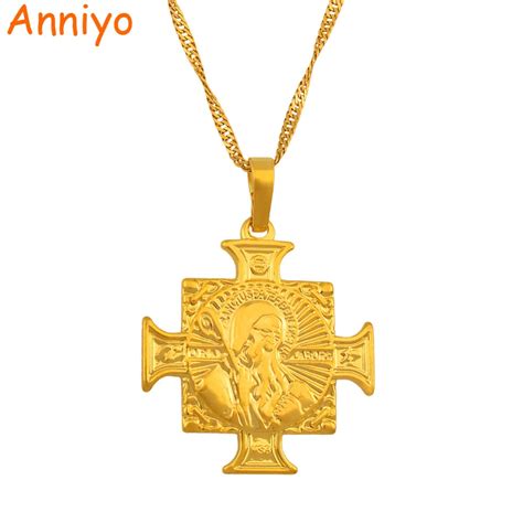 Anniyo Saint Benedict Medal Cross Pendant Necklaces For Women Gold