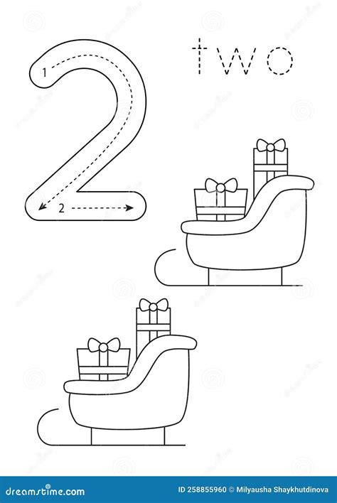 Flashcard Number Two Preschool Worksheet Christmas Sleigh Stock