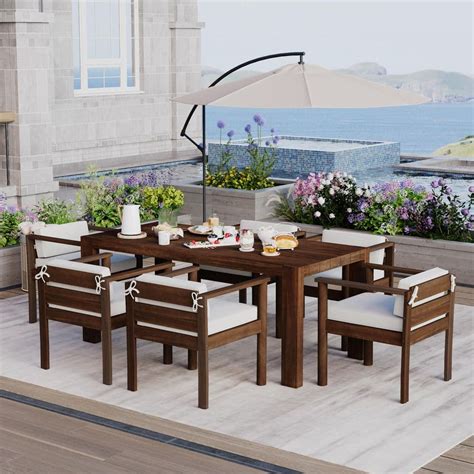 Have A Question About 7 Piece Mocha Wood Outdoor Dining Set With Beige