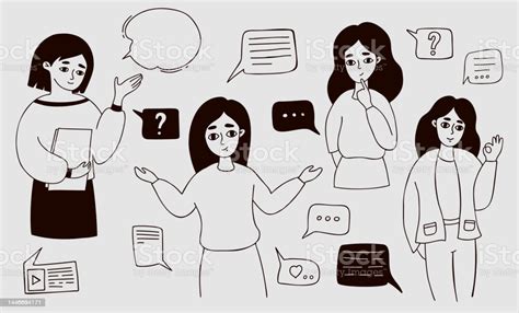 다른 귀여운 여자들의 컬렉션입니다 거품 텍스트 구름과 온라인 문자 메시지를 가진 사려 깊은 소녀 벡터 그림입니다 벡터 그림입니다
