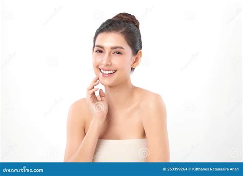 Beautiful Young Asian Woman With Clean Fresh Skin On White Background