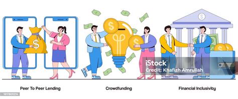 피어 투 피어 대출 크라우드 펀딩 성격이 있는 금융 포용성 개념 P2p 금융 추상 벡터 일러스트 레이 션 세트입니다 협업 대출